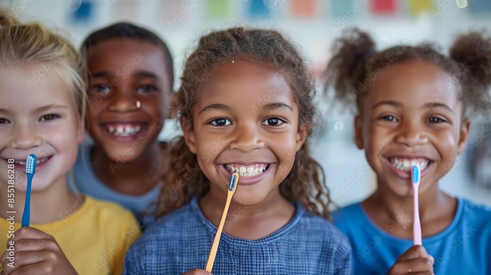 Four diverse children smiling and brushing teeth in a bright room. fun ...