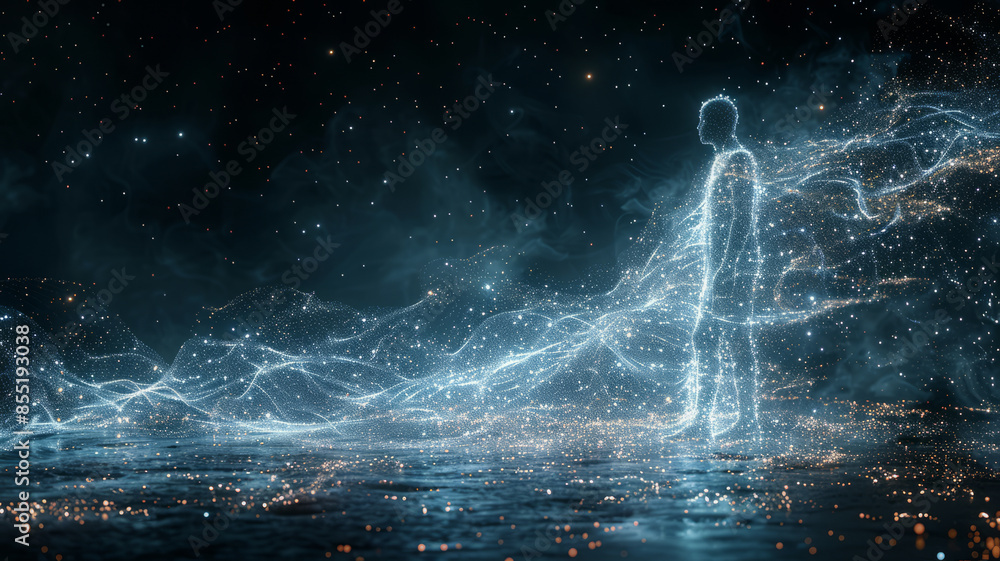 LLM graphics flowting around a wireframe avatar in a black studion ...