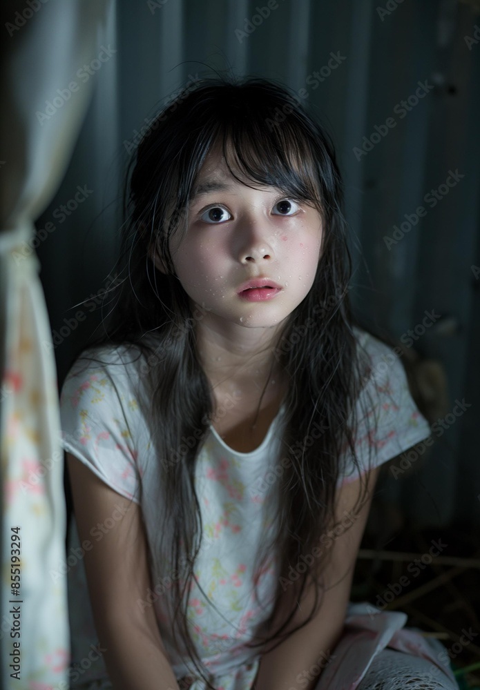 AI generator image of beautiful Chinese girl sitting in a small room ...