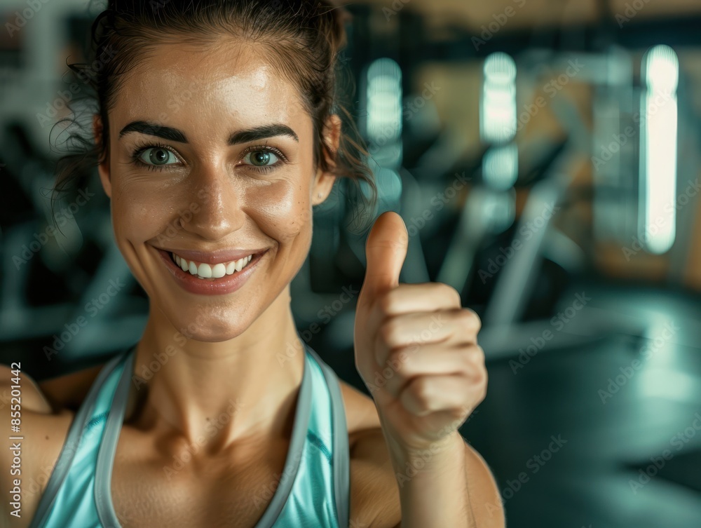 Caucasian female fitness trainer smiling at camera with thumb up in ...