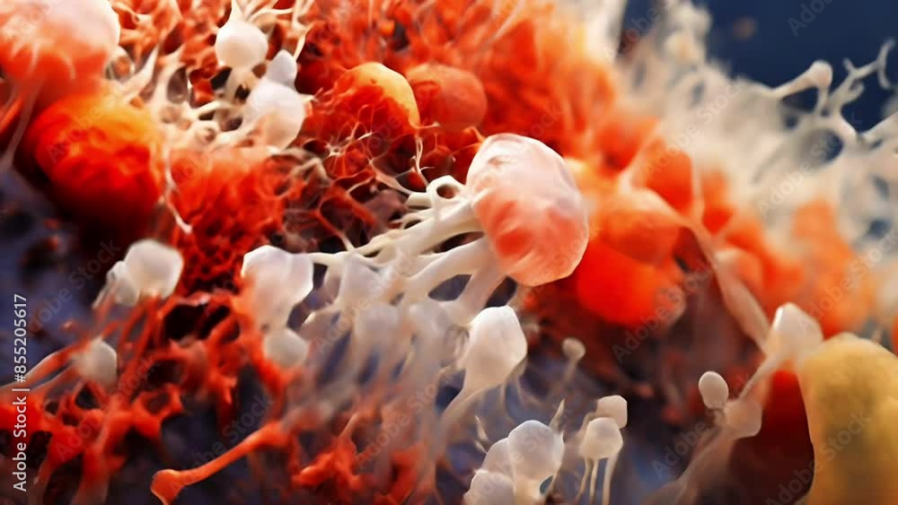 Microscopic view of growing cancer cells with fibrous connective tissue ...