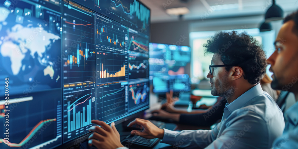 Analysts working in a modern office, monitoring multiple financial data screens with charts ...