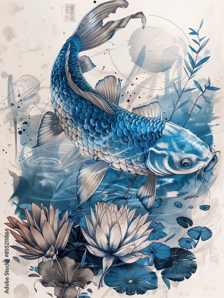 vintage tattoo design of a carp, silver and blue color palette, silver ...