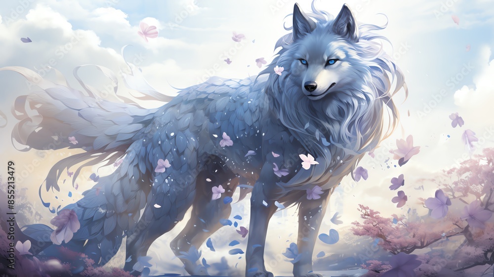 Illustrate a magical wolf with ethereal wings made of soft blue and ...