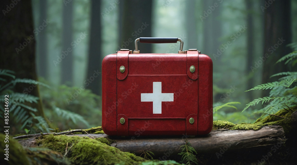 First aid kit bag and survival kit in moody green forest. Medical ...