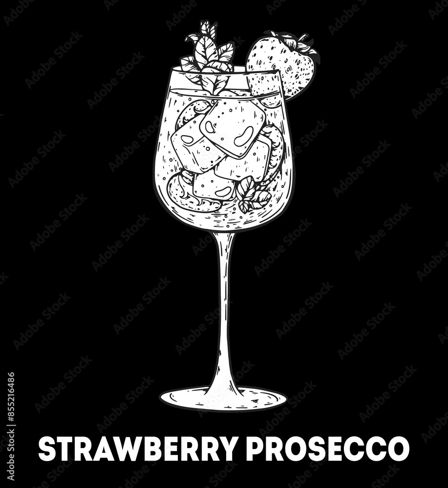 Strawberry Prosecco cocktail illustration. Hand drawn sketch. Vector ...