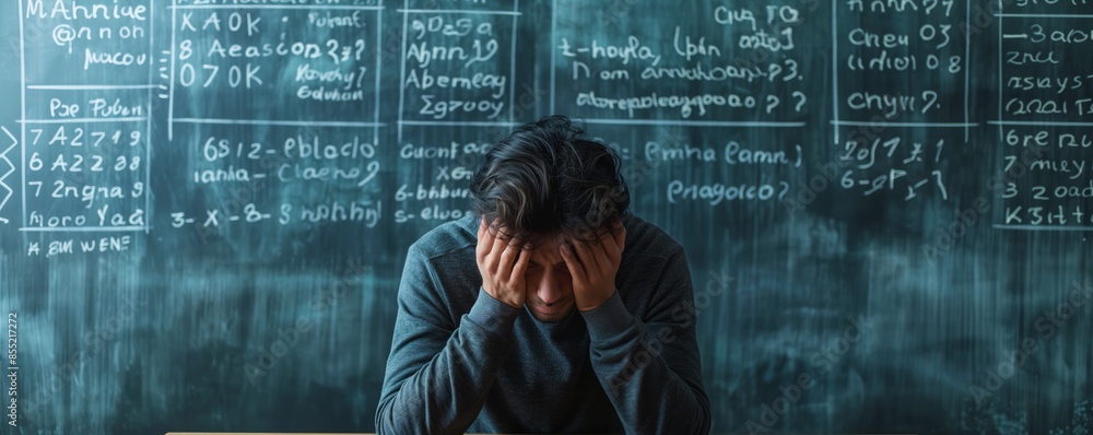 A person is portrayed in a pose of distress with their hands on their ...