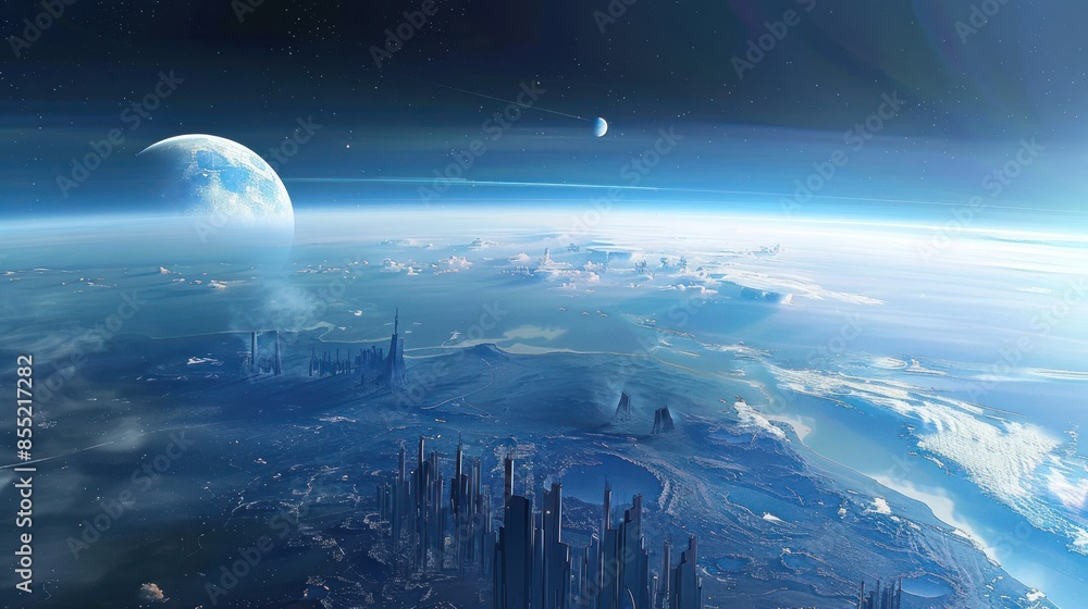 ภาพประกอบสต็อก View panoramic planet Earth universe from outer space ...