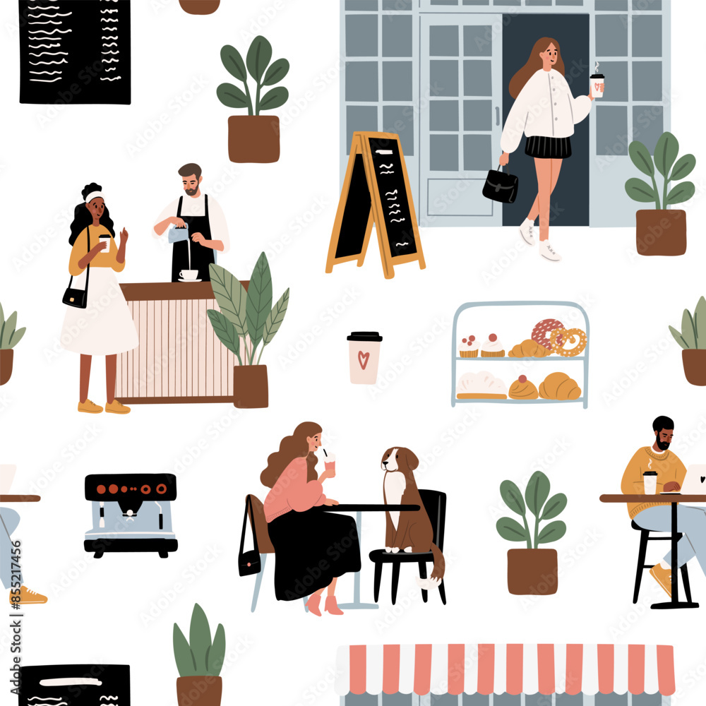 Cozy Dog Friendly Coffee Shop Seamless Patterns. Background with pups ...