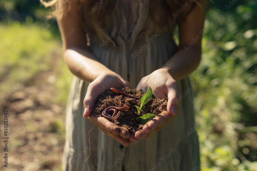 Woman holding soil with earthworms above ground closeup, Discover the ...