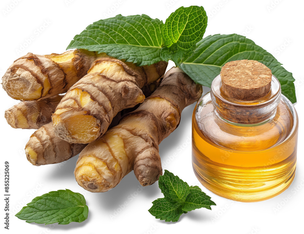 close up Phlai oil, Cassumunar ginger, herb roots and extract oil glass ...