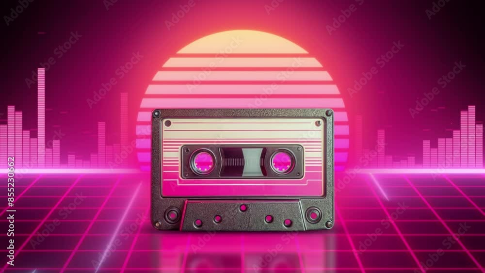 TV, vinyl, audio cassette, mp3 player, boombox stand on the pink 80s ...