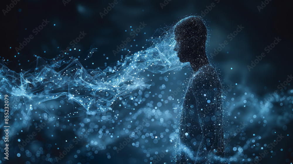 LLM graphics flowting around a wireframe avatar in a black studion ...