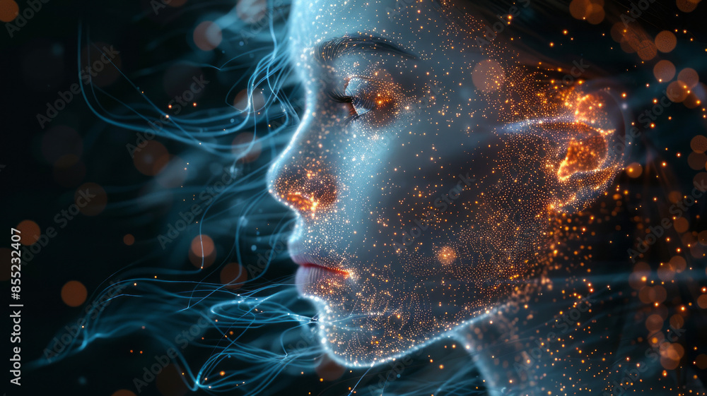 LLM graphics flowting around a wireframe avatar in a black studion ...