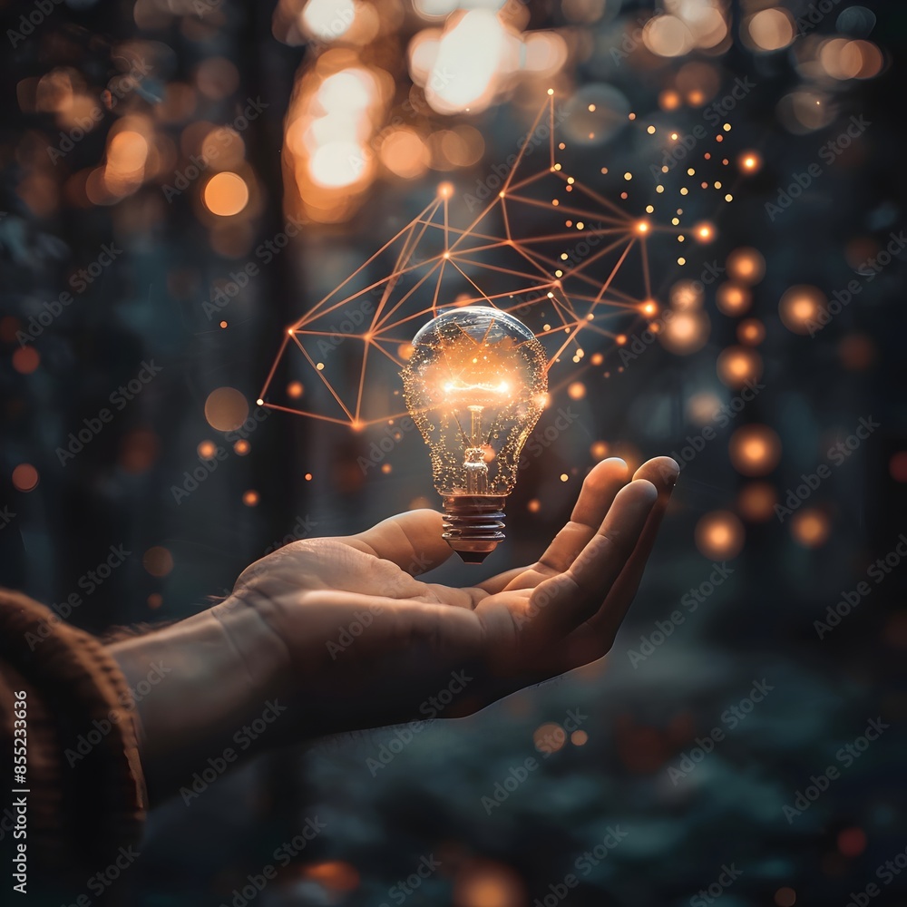 A light bulb is floating above the palm of an outstretched hand, and it ...