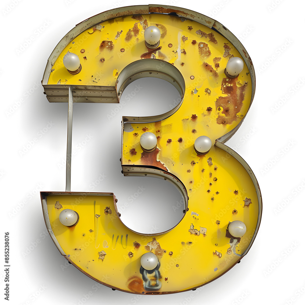The number 3 is written in a rusted, yellow metal. The letters are ...