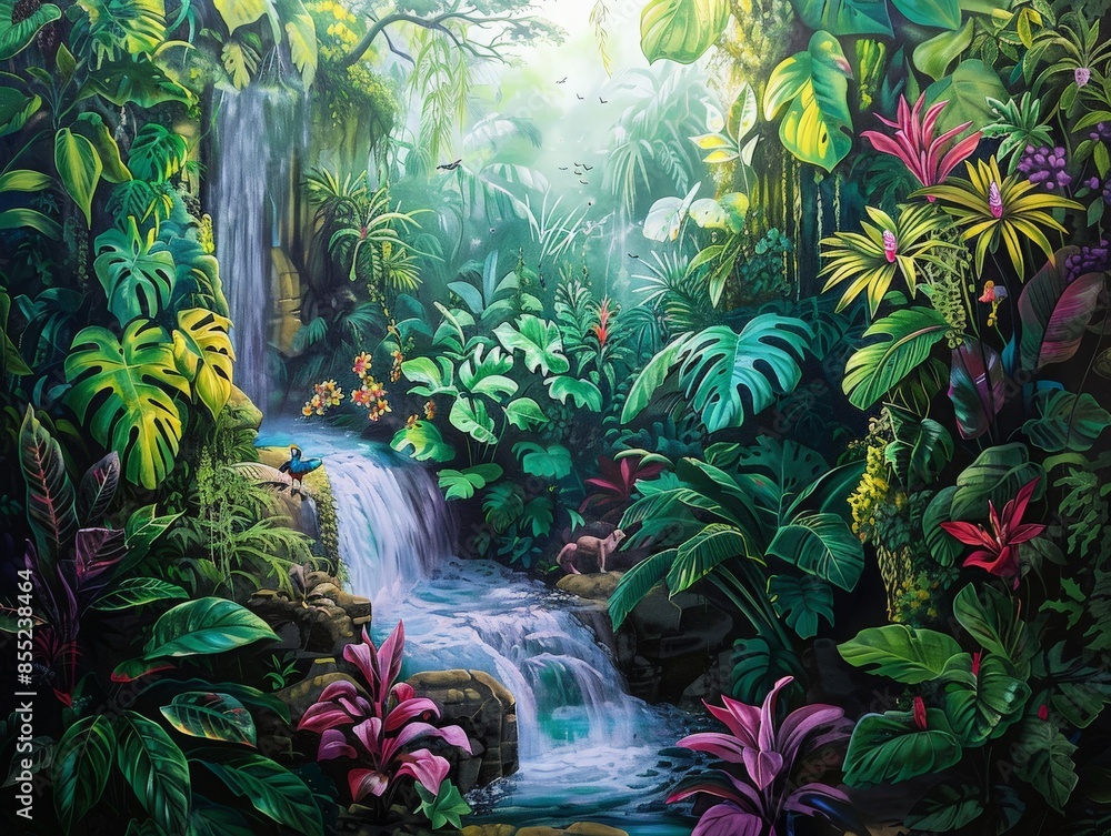 Mural painting of a lush jungle scene, featuring detailed plants ...