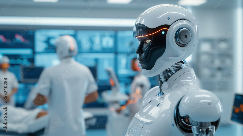 Doctor doctor is treating a patient and nursing bot standing in a ...