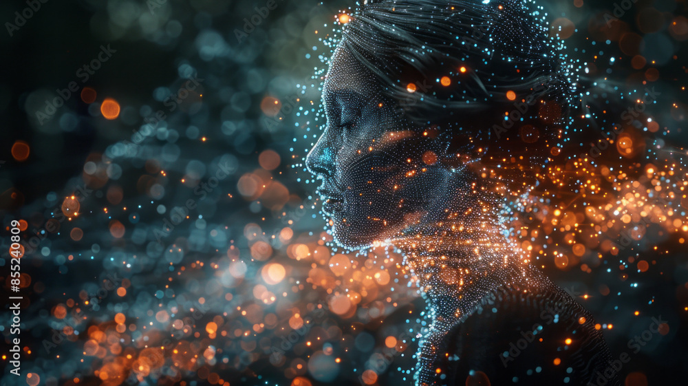 LLM graphics flowting around a wireframe avatar in a black studion ...