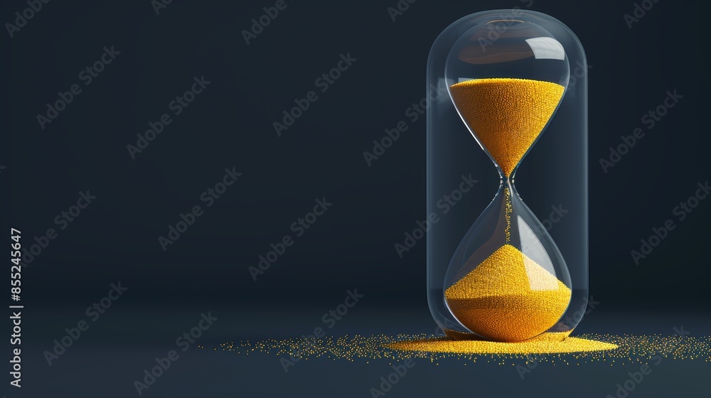 Time running out represented by yellow sand in an hourglass, isolated against an empty black ...