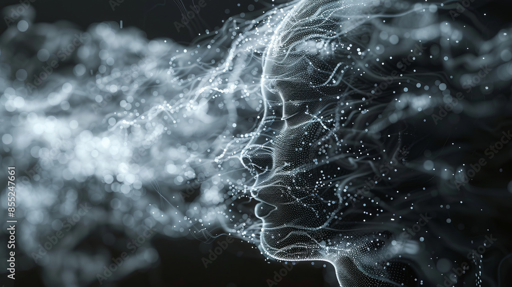 LLM graphics flowting around a wireframe avatar in a black studion ...
