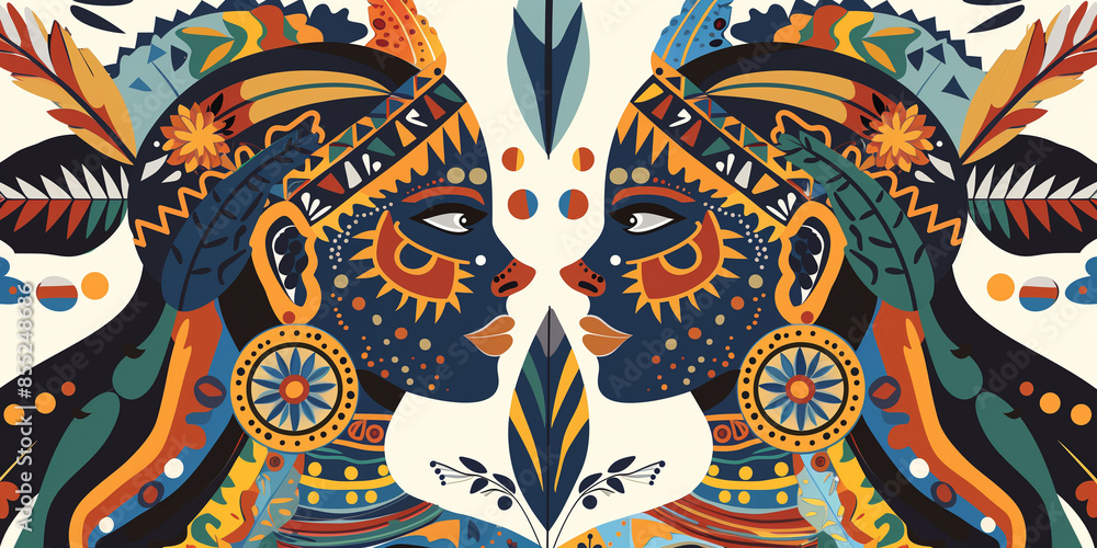Two women in indigenous headdresses facing each other, digitally ...