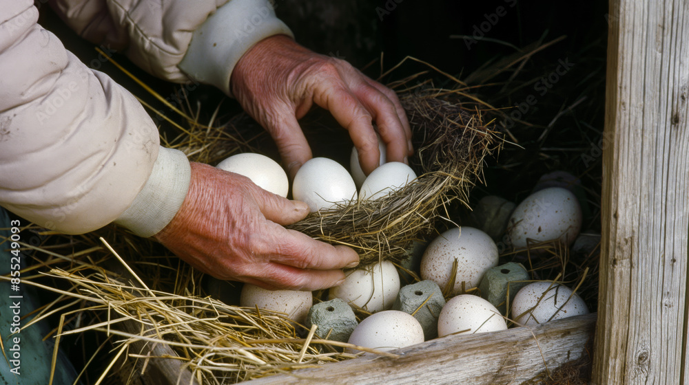 Someone collecting fresh eggs from a nesting box inside a chicken coop ...
