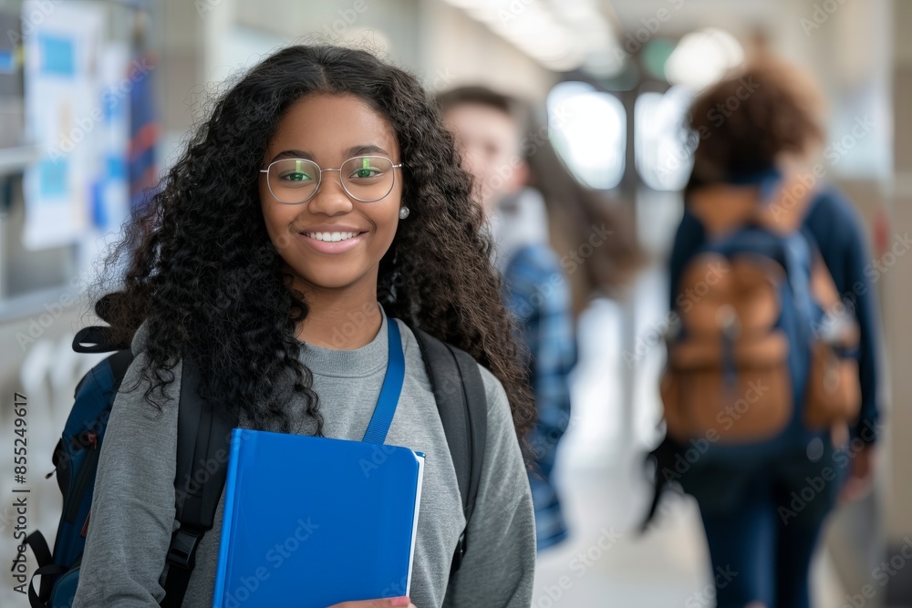 Smiling student with curly hair and glasses holding a blue book in ...