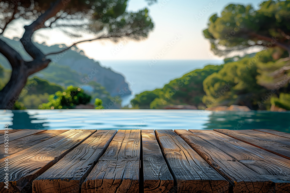 Blurred Costa brava background with a white table top for product ...