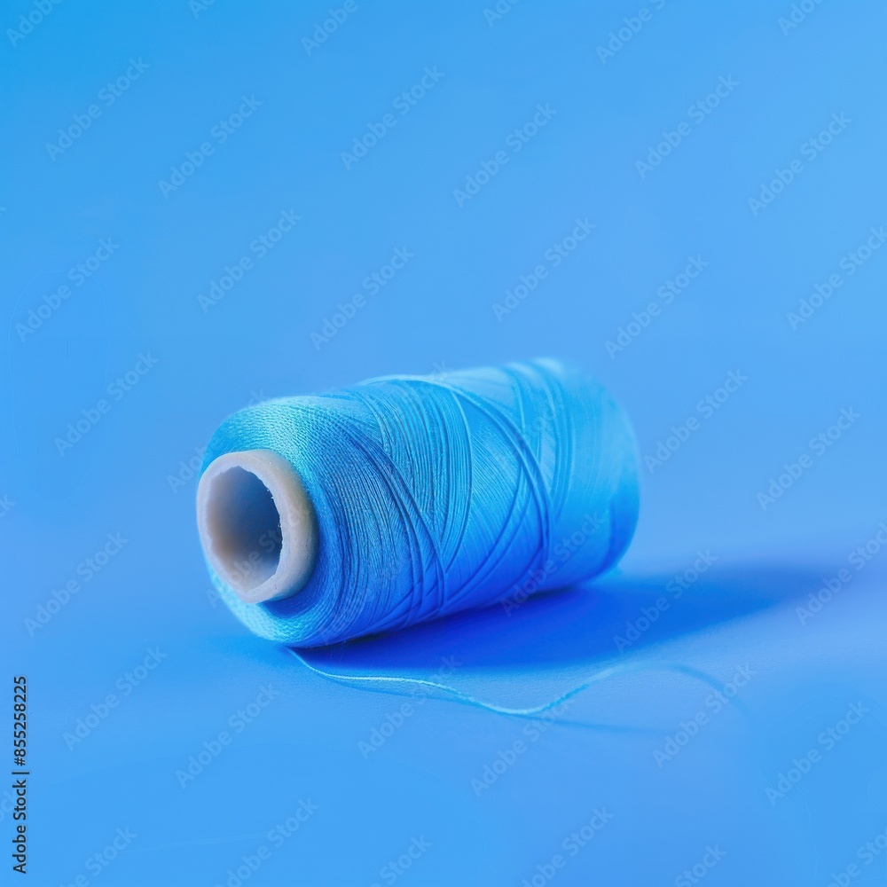 Blue spool of thread on a matching blue background, emphasizing a ...