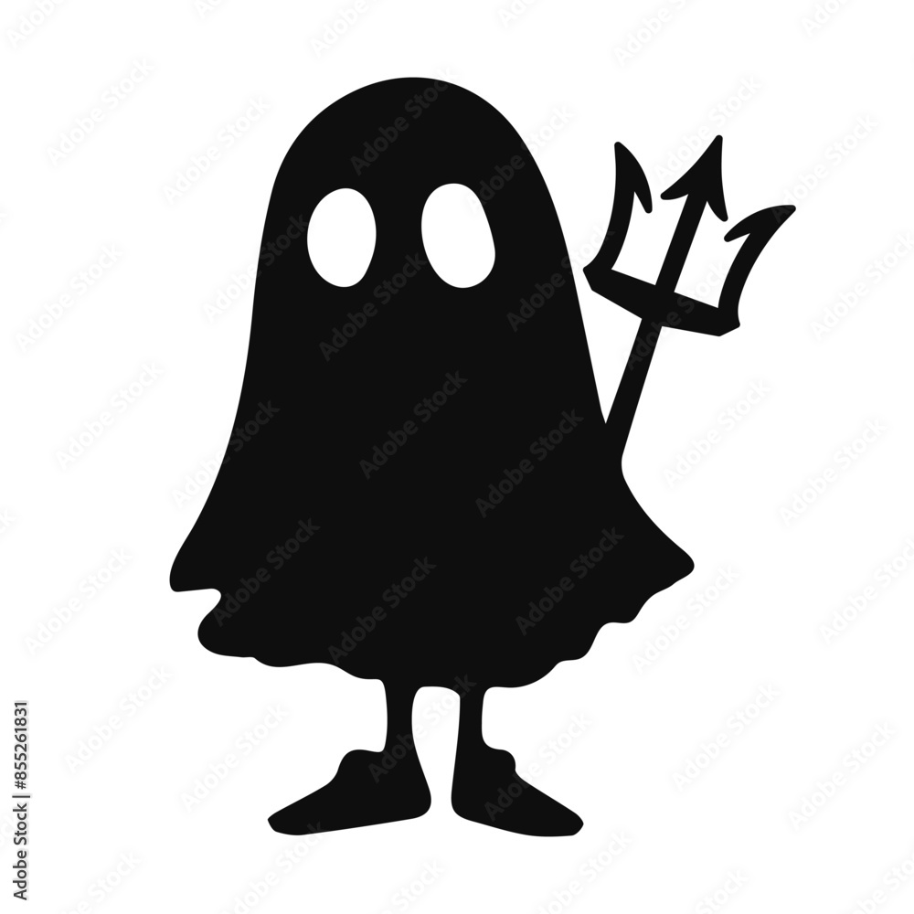 Happy Halloween black silhouette of ghost holding pitchfork, trident ...