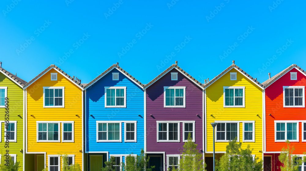 Row of contemporary houses painted in an array of bold colors with ...