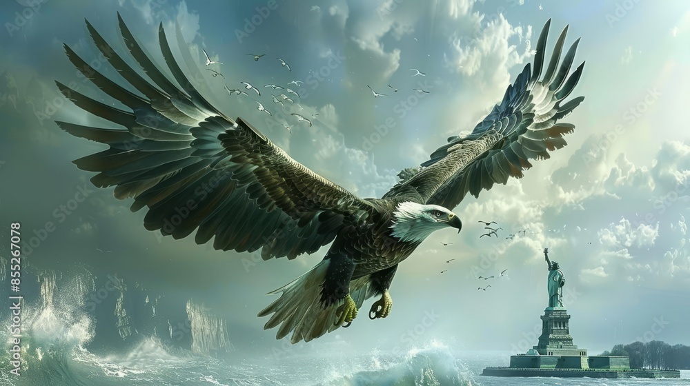 Eagle flying over the Statue of Liberty, symbol of liberty, high ...