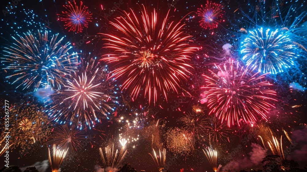 Fireworks display in red, white, and blue, high-definition, dynamic ...