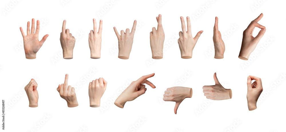 Hand gesture set, different signs. Isolated white arm, finger, fist, OK ...