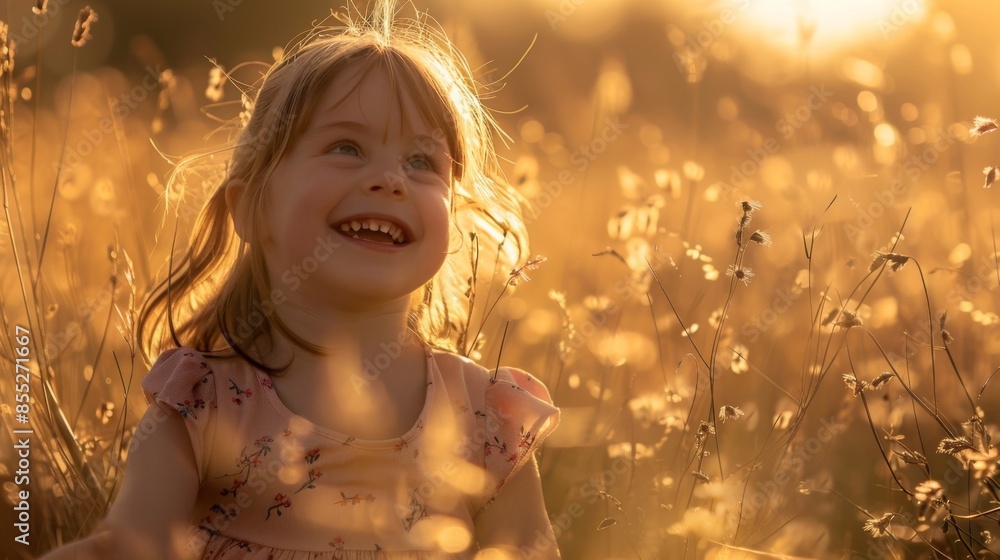 Happy child in golden field at sunset. Joyous moments in nature create ...