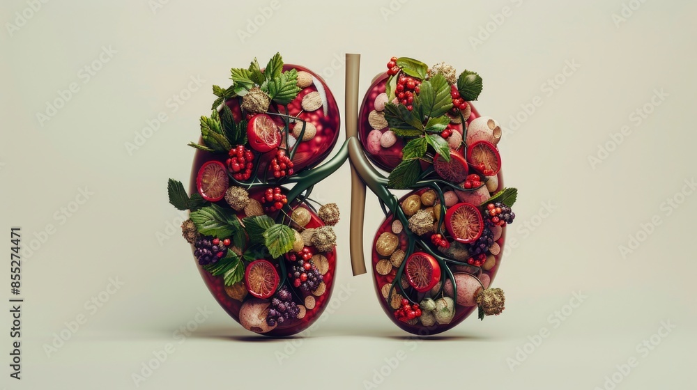 A creative 3D image of kidneys made from various fruits and vegetables ...