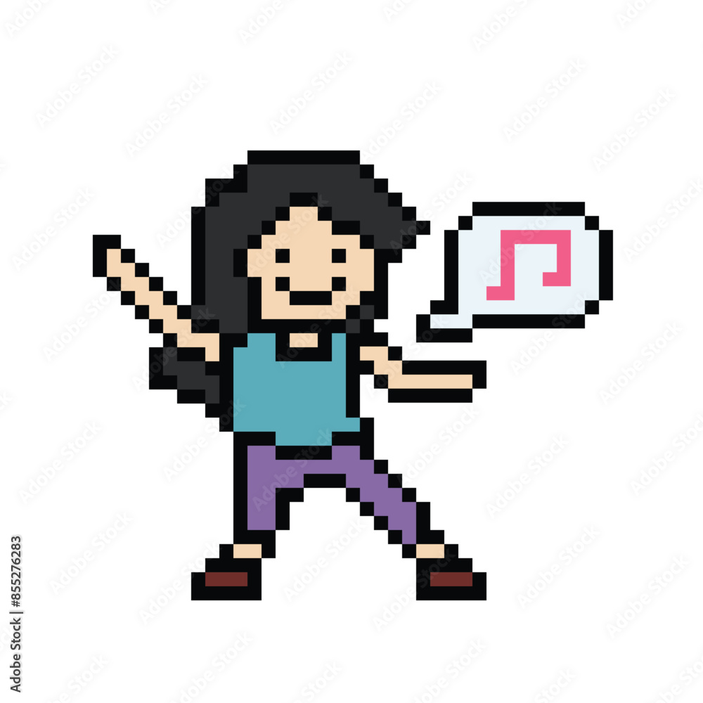 Cute pixel cartoon 8bit character woman exercises training dance ...