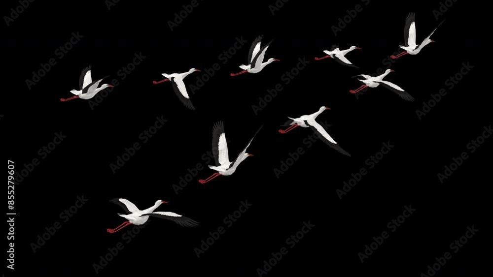 Wedge Flock of 9 White Stork Birds - Flying Loop - Back Angle CU ...