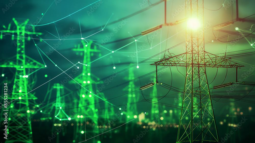 Network of green-lit power lines and towers connected by digital nodes ...