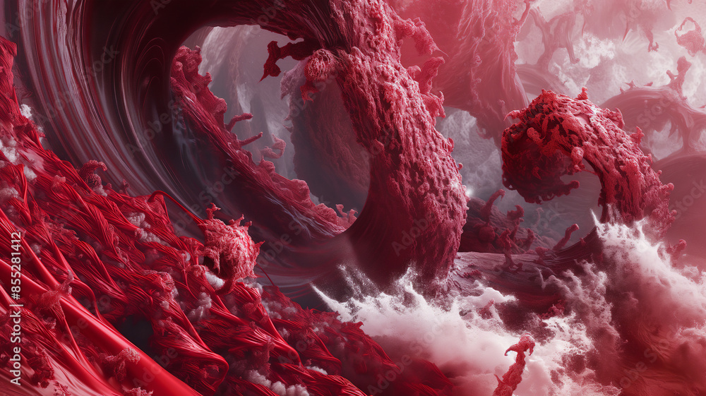 Abstract red textured art resembling organic forms, with intricate ...