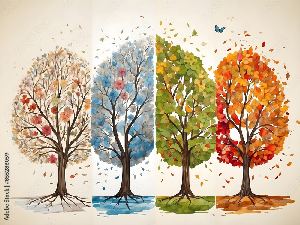 Four seasons - spring, summer, autumn, winter. Art trees design Stock ...