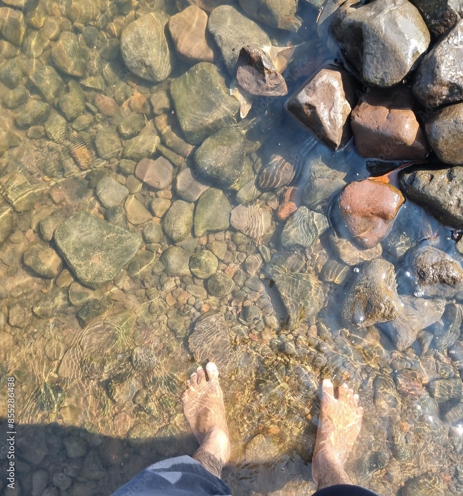 Human feet in river water at the shore of round shaped stones half deep ...