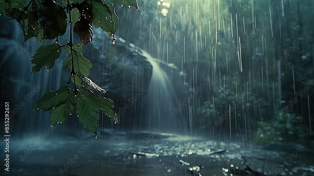 A waterfall cascades in a forest, drenched by rain pouring off its ...