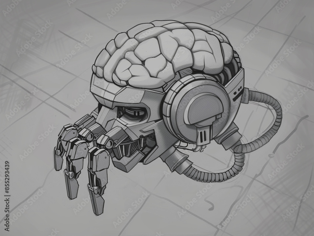 an LLM (large language model) represented as a mechantronic robot brain ...