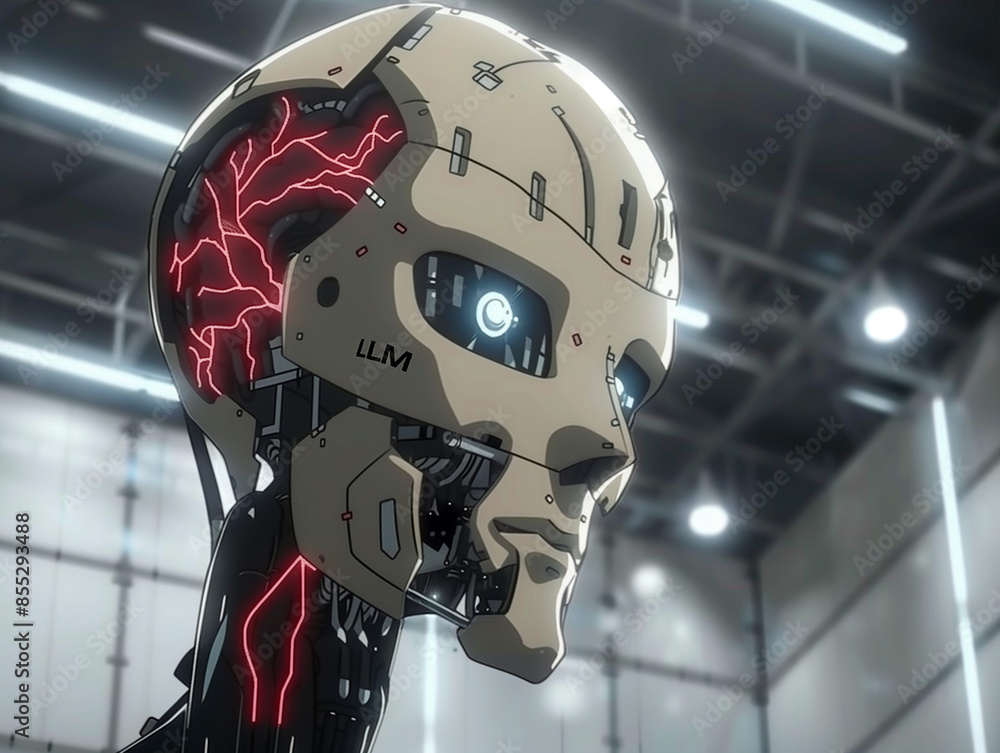 an LLM (large language model) represented as a mechantronic robot brain ...