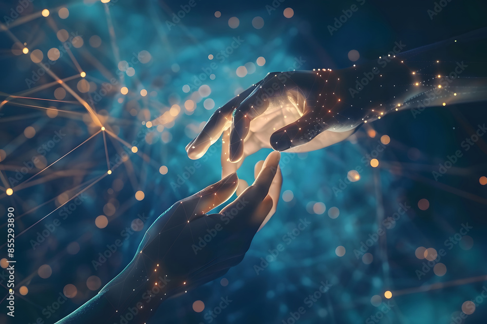 AI, Machine learning, Hands of robots and humans touching on big data ...