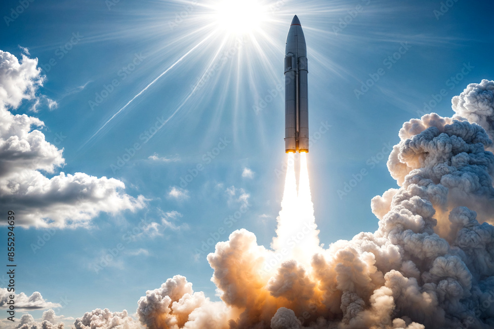 Ballistic nuclear military missile in blue sky with clouds, rocket ...