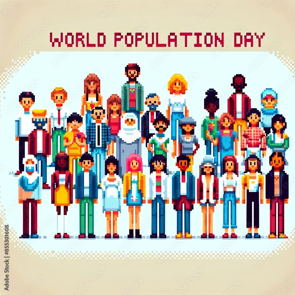 Colorful Pixel Art of Diverse People Celebrating World Population Day ...