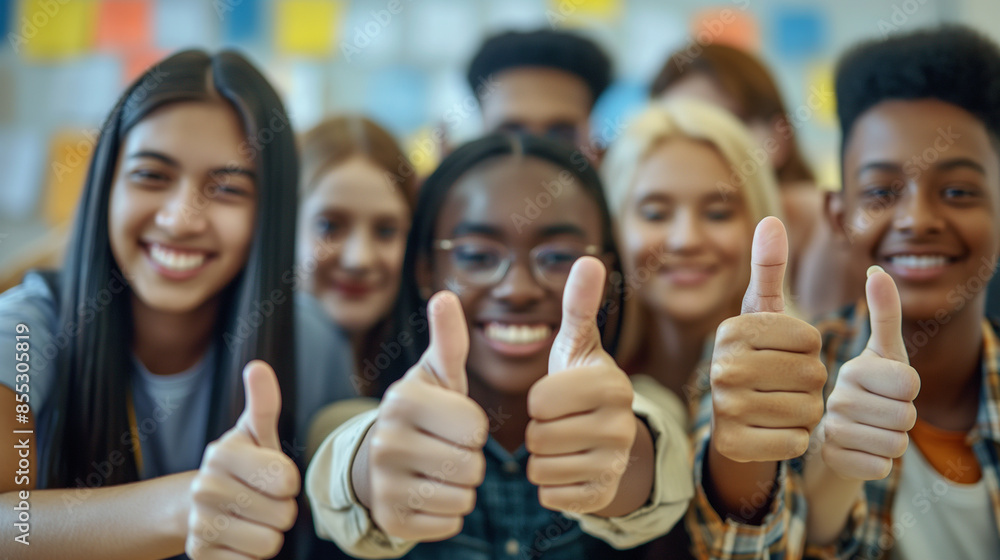 A group of diverse students from different racial backgrounds, giving ...